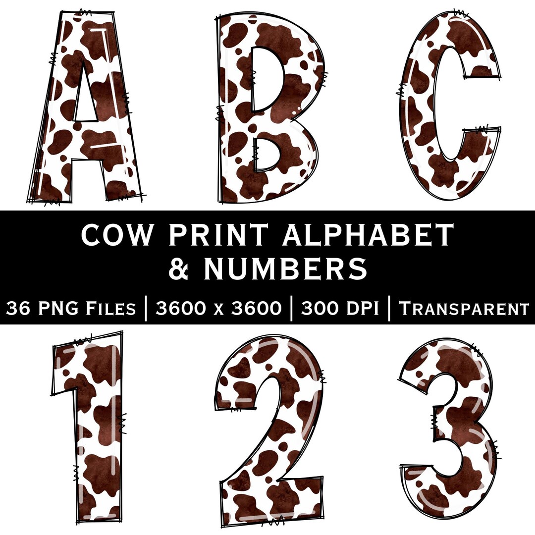 Cow Print Alphabet A to Z and 0 to 9 PNG | Cute Farm Animal Letters ...