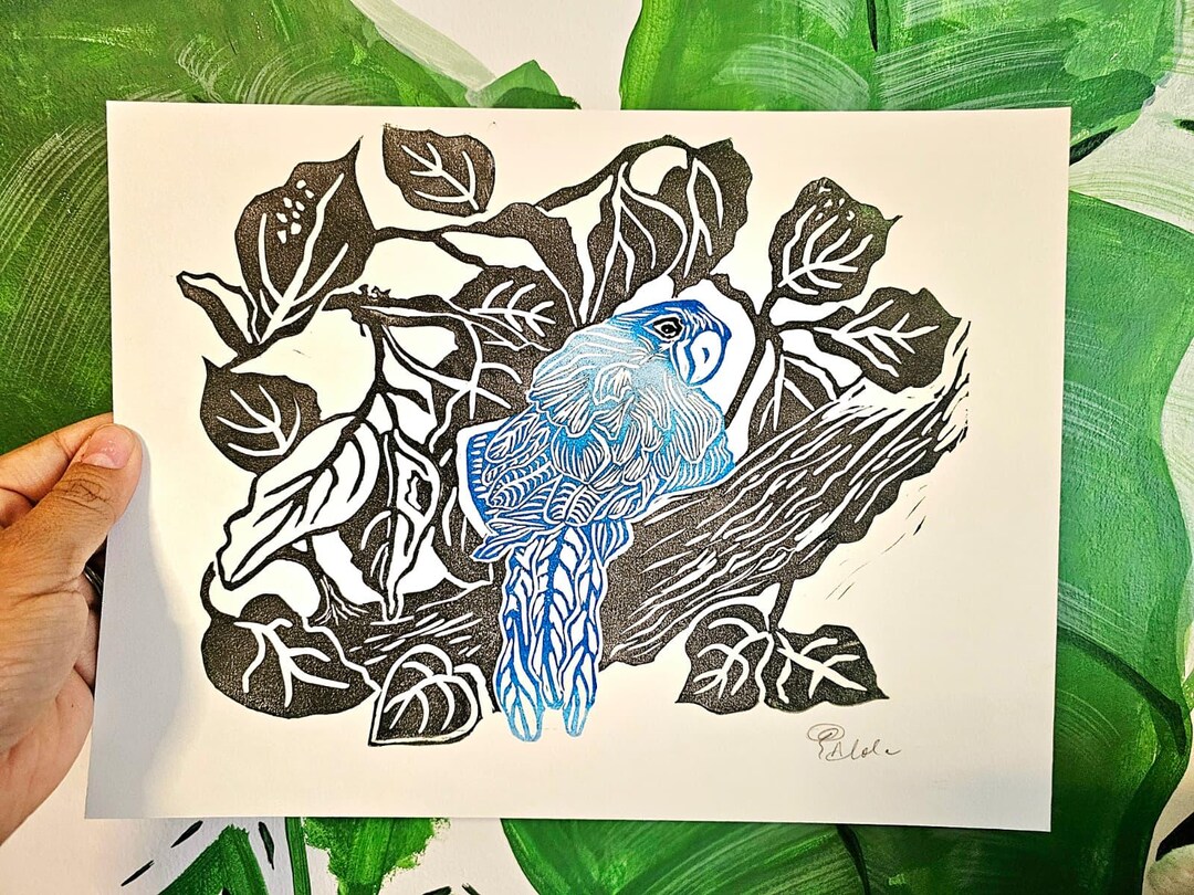 Blue Parrot Linocut Print - Etsy