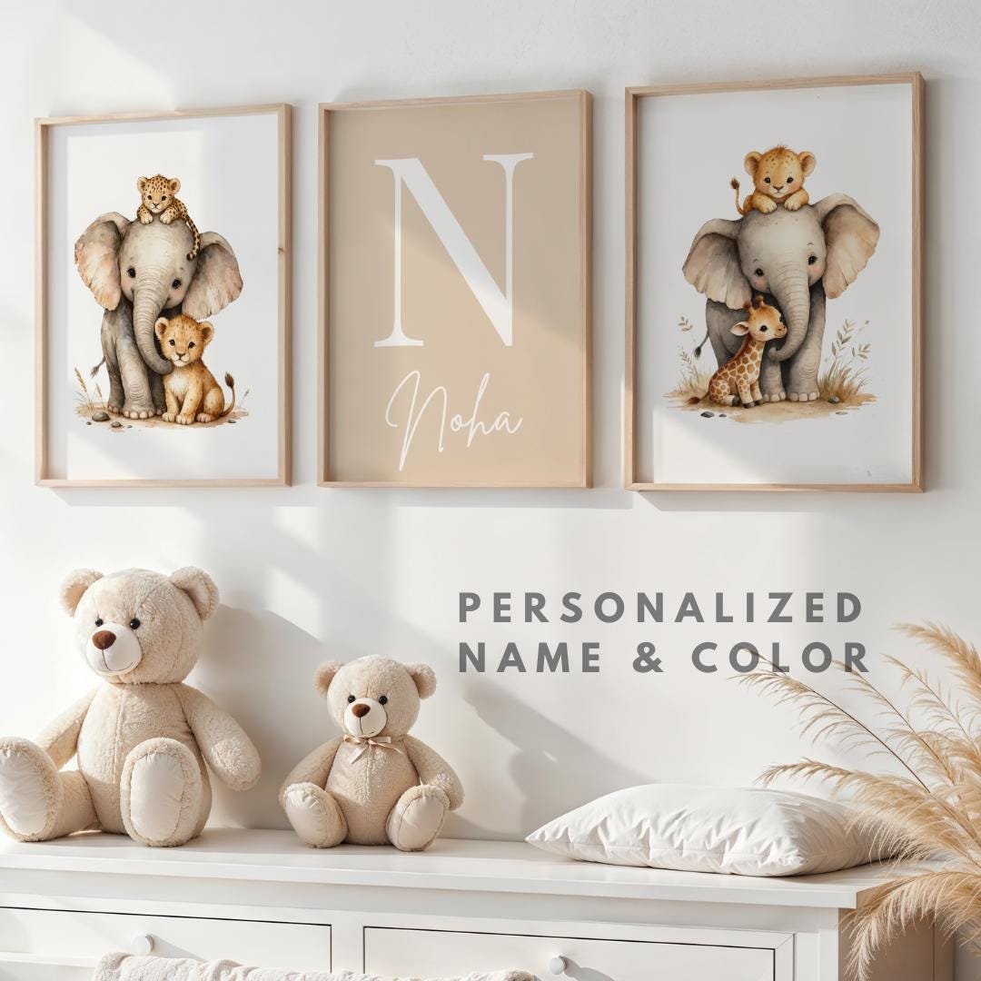 Personalized Name Safari Print Set, 3 Posters Elephant Lion Cub Giraffe ...
