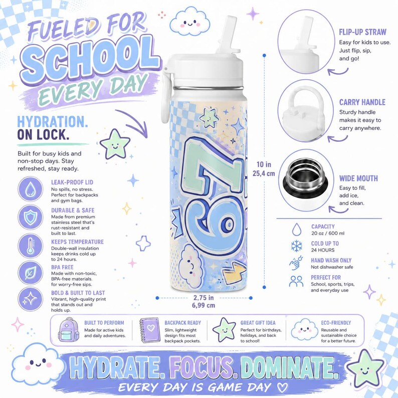 Spill Proof Kids Water Bottle, Boys Water Bottle for School, 67 Club ...