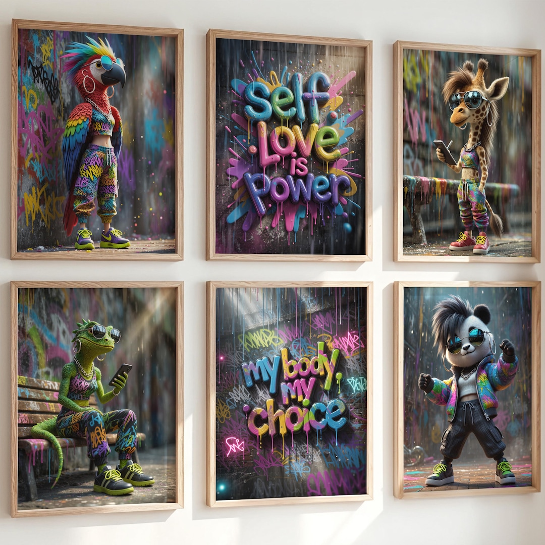 Bundle 6 Street Art Posters, K-pop Art – Giraffe, Lizard, Panda Parrot ...