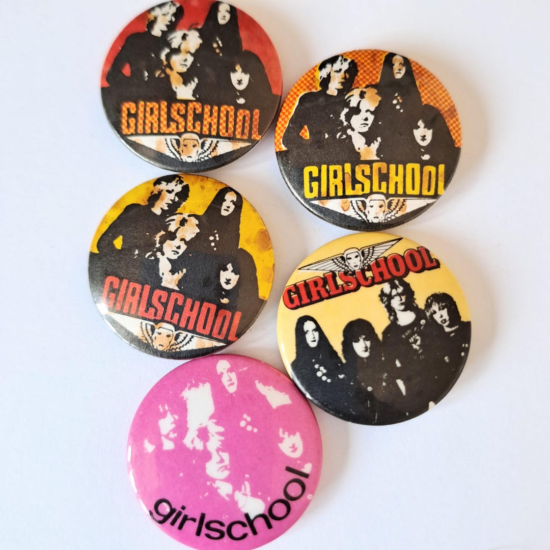 Vintage Girlschool Badge Set, 1980s All-female Rock Band Pins, NWOBHM ...