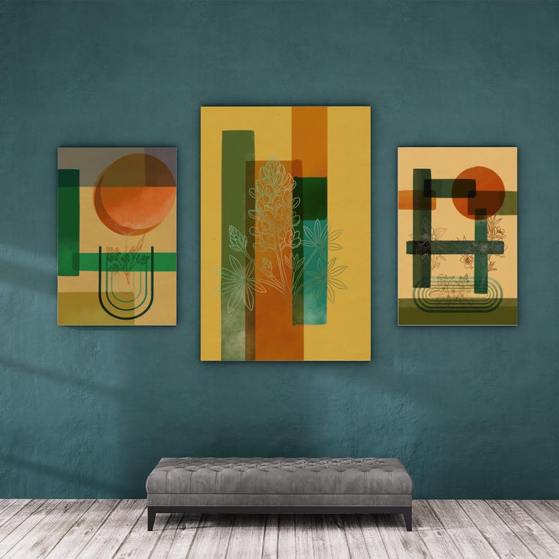 Mid Century Botanical Wall Art Set, Retro Floral Prints, Boho Decor ...