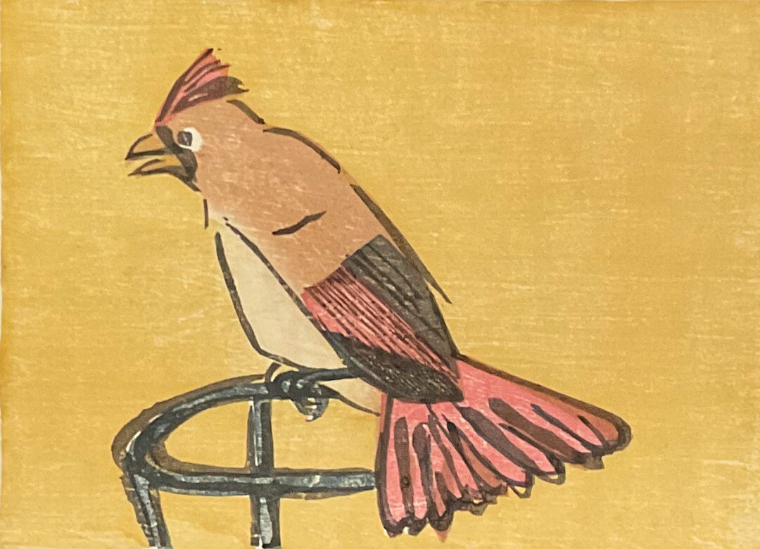 Northern Cardinal on Tomato Cage Original Moku Hanga - Etsy