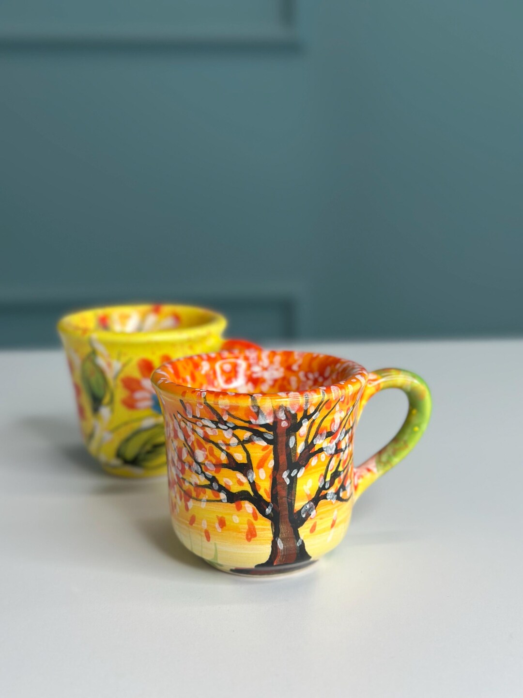 Hand Painted Ceramic Mug With Handle, Colorful Artistic Coffee Cup ...