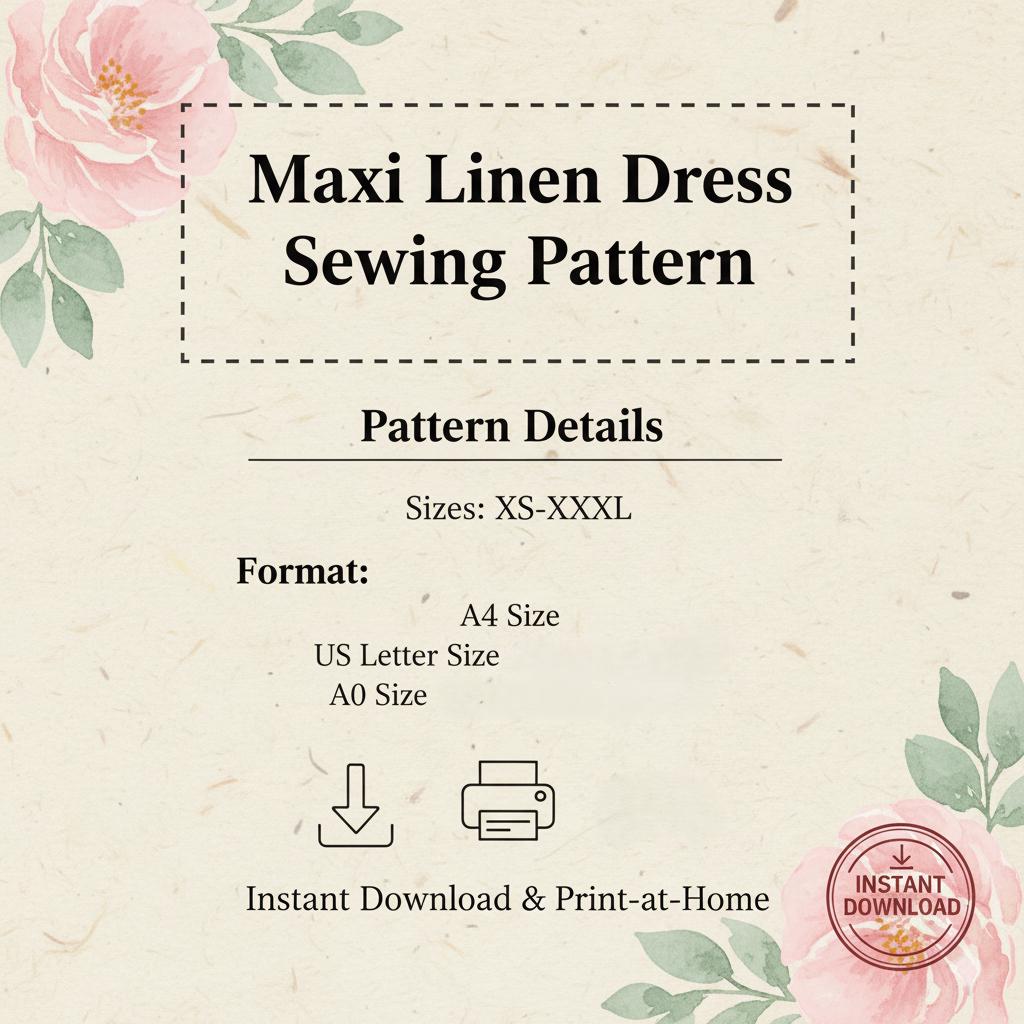 Maxi Linen Dress Sewing Pattern, Square Neck Sleeveless Dress, Loose ...