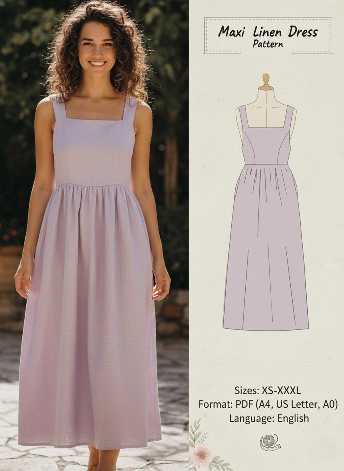 Maxi Linen Dress Sewing Pattern, Square Neck Sleeveless Dress, Loose ...