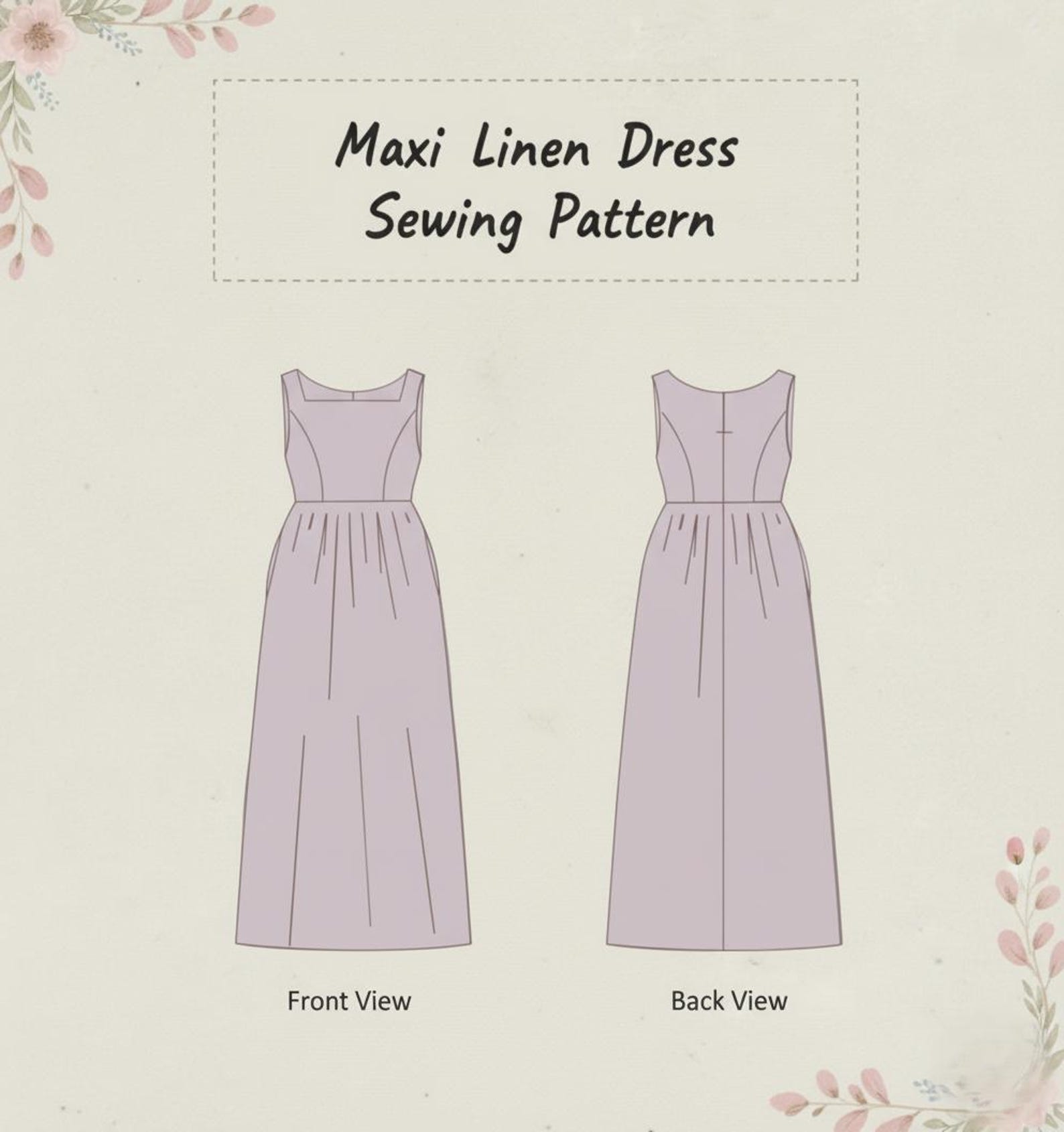 Maxi Linen Dress Sewing Pattern, Square Neck Sleeveless Dress, Loose ...