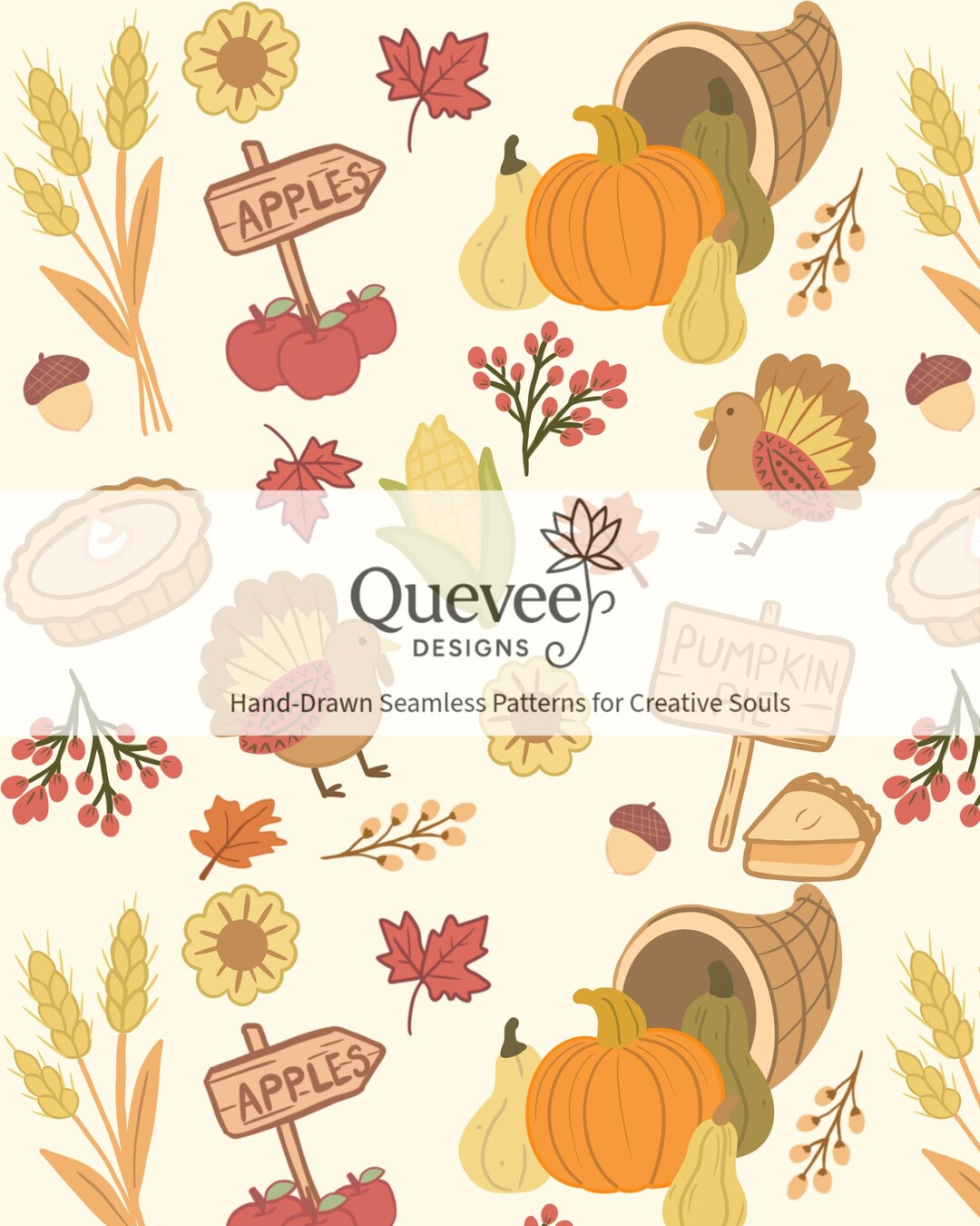 Happy Thanksgiving Hand-drawn Seamless Pattern | Fall Harvest Digital ...
