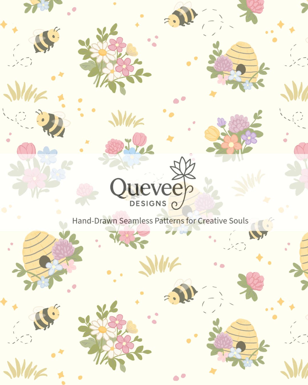 Spring Honey Bees Hand-drawn Seamless Pattern | Pastel Floral Bee ...