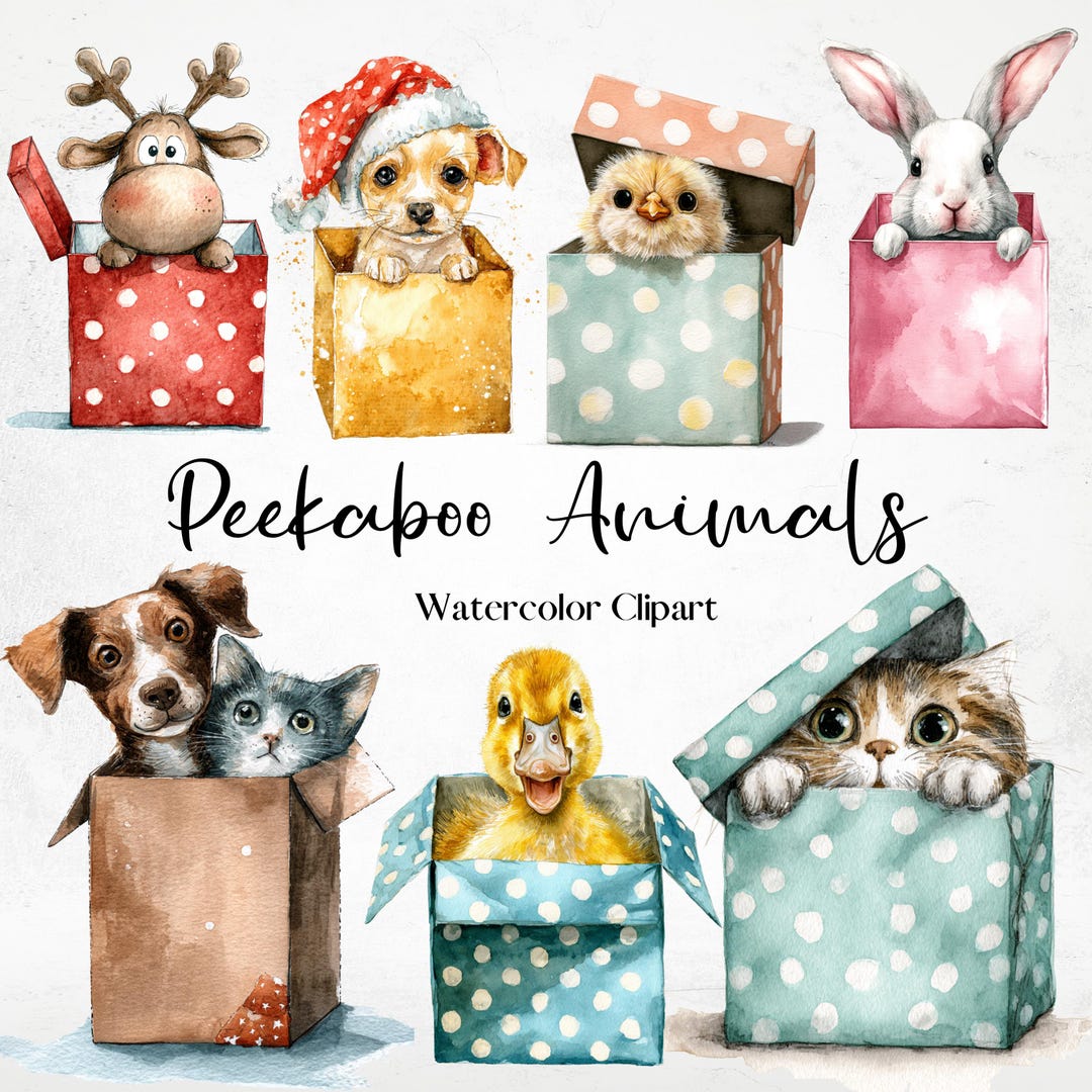 Cute Gift Peekers Clipart, Animals Peeking From Boxes, Watercolor PNG ...
