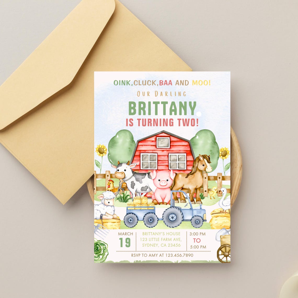 Editable Tractor Farm Animal Birthday | Turning Two Invitation Card - Etsy