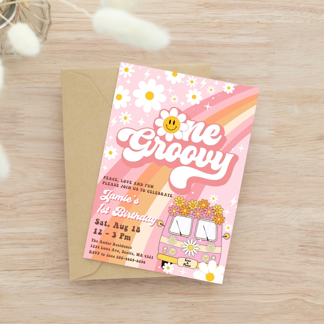 Groovy One Birthday Invitation: Retro Daisy Party, Editable Canva ...
