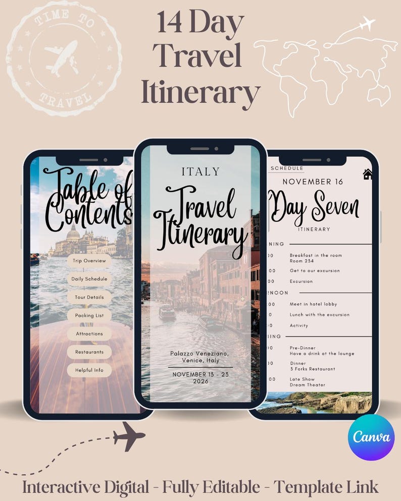 Editable Canva Travel Itinerary | 14 Day Mobile Planner | Digital ...