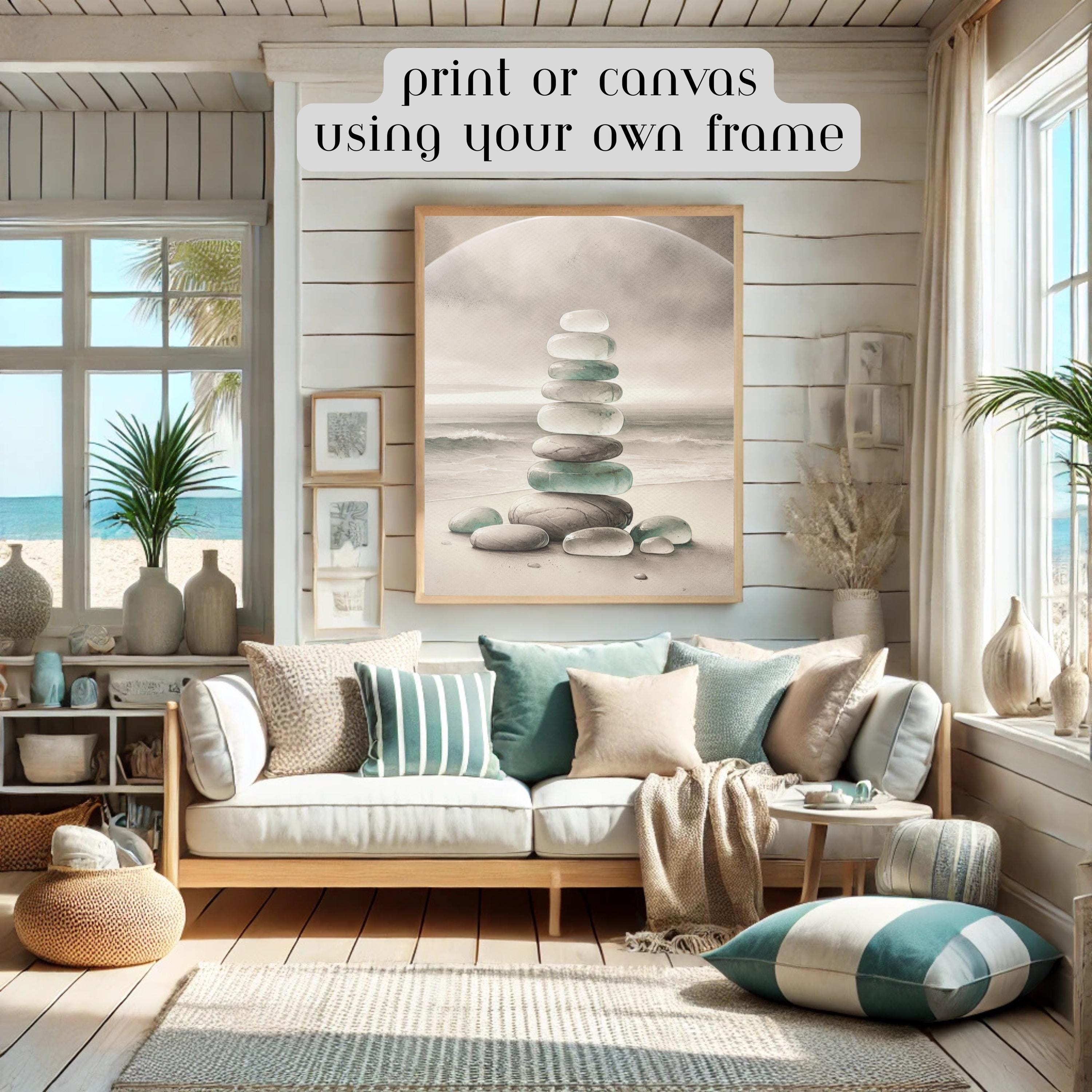 Zen Stacked Stones Print, Beach House Meditation Artwork, Sea Glass ...