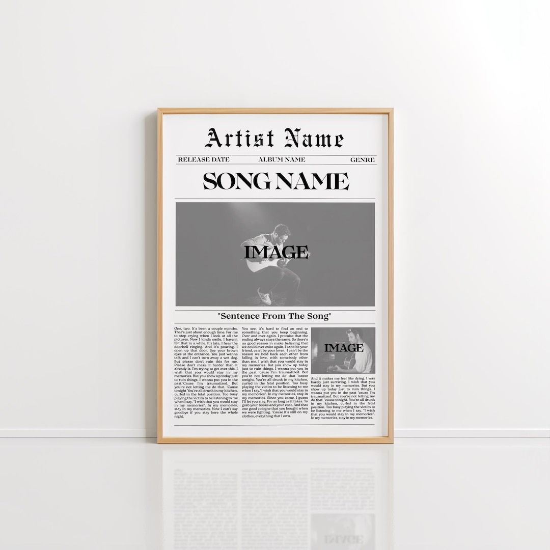 Custom Newspaper Music Poster, Personalized Song Lyrics Print, Retro ...