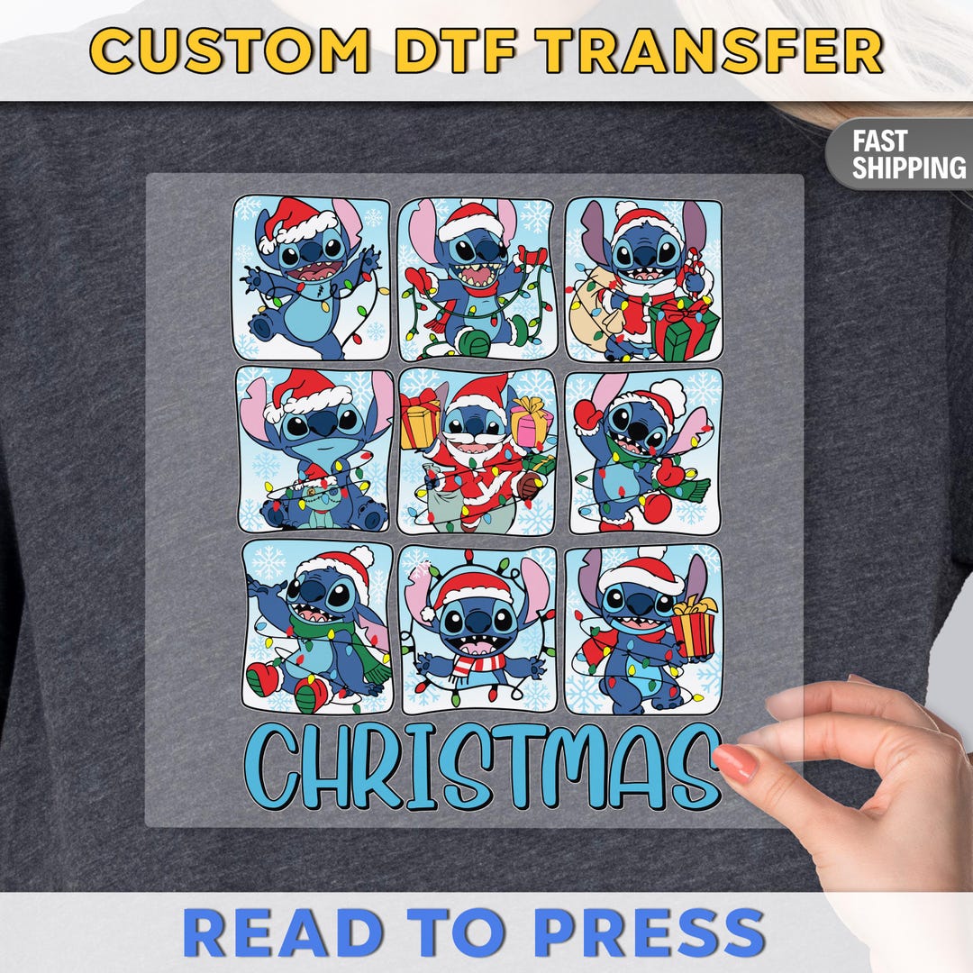 Stitch Christmas DTF Transfer, Cute Disney Holiday Grid DTF Print ...