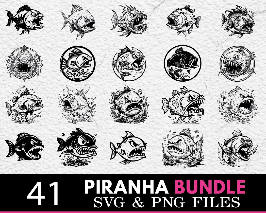 Piranha Silhouette SVG PNG Bundle, Fish Clipart Set, Aquatic Predator ...