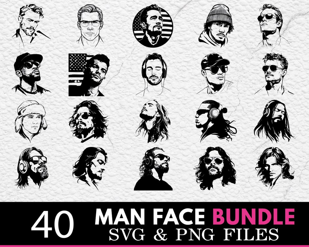 Man Face Silhouette SVG PNG Bundle, Male Portrait Clipart, Beard & Hair ...
