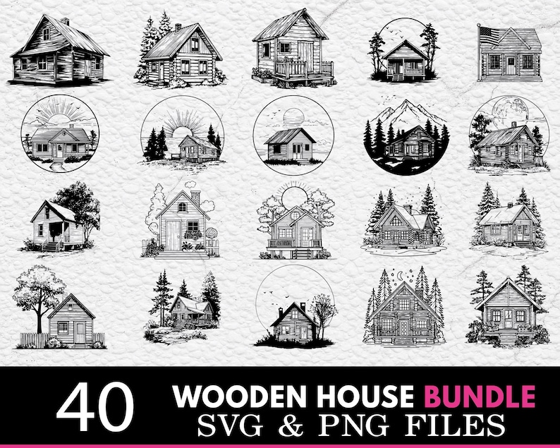 Wooden House Silhouette SVG PNG Bundle, Cabin Clipart Vector, Cricut ...