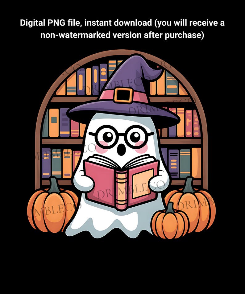Halloween Librarian PNG – Cute Ghost Reading Books Clipart – Spooky ...