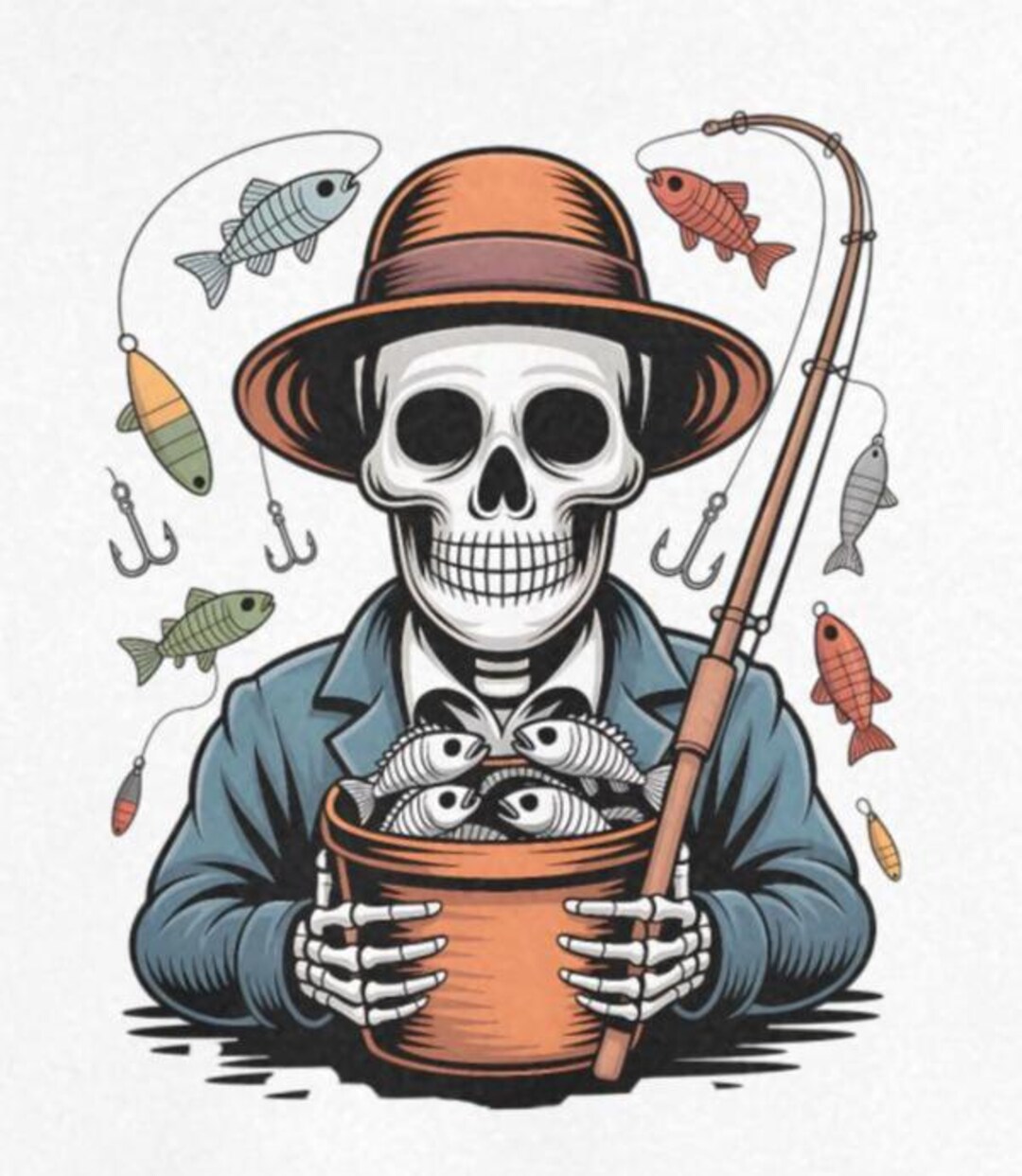 Fisherman Halloween PNG, Spooky Skeleton Fisherman With Fish Bucket ...