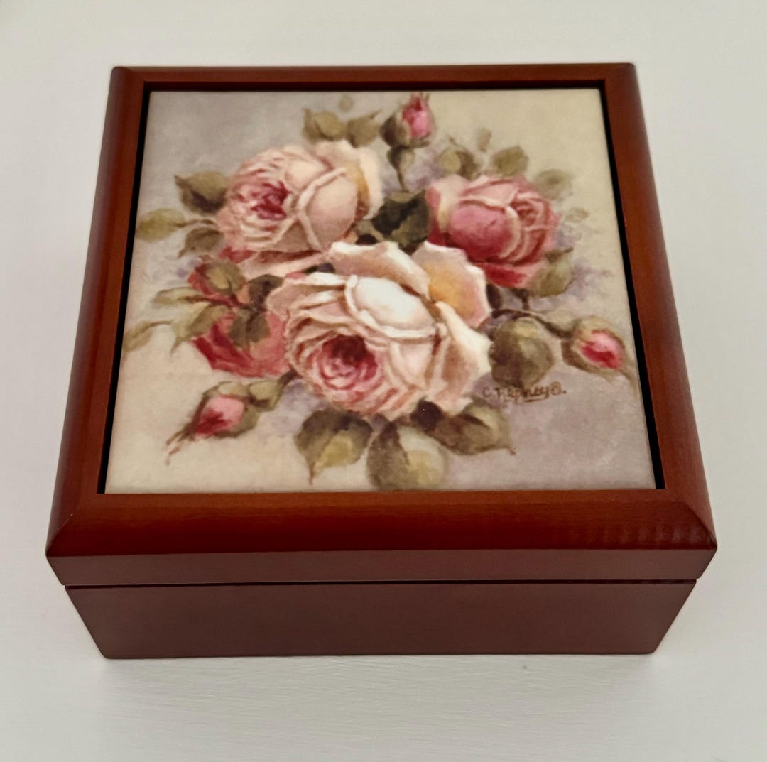 Rare CHRISTIE REPASY Pink ROSES on Tile and Wooden Keepsake Box- Shabby ...