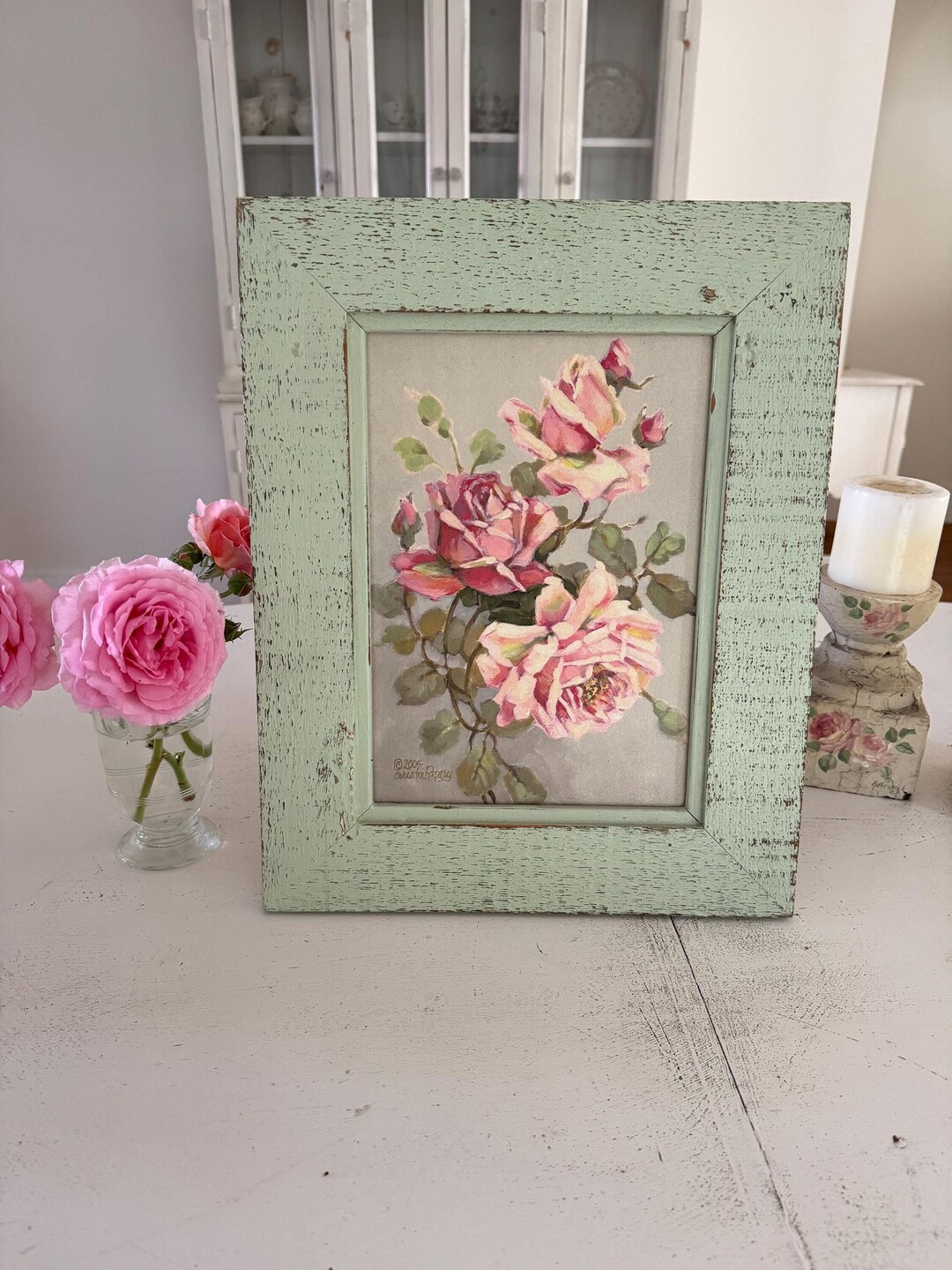 Christie REPASY Pink ROSES Print in SHABBY Sage Green Wood Frame. Rare ...