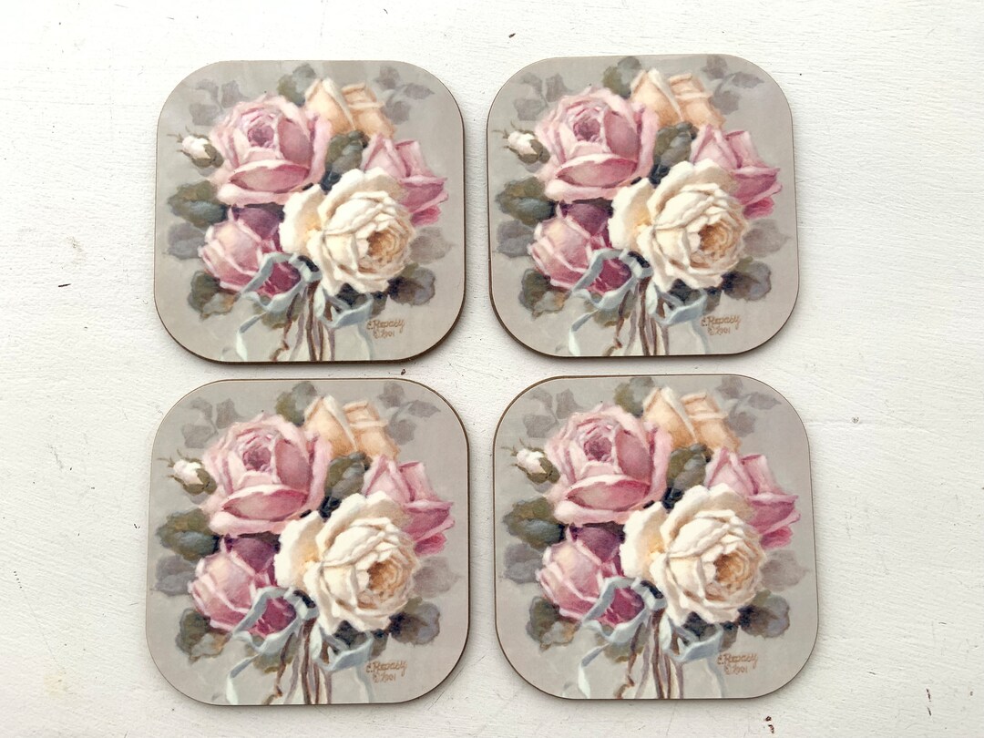 Rare CHRISTIE REPASY ROSES Bouquet on Set of 4 Coasters Shabby Chic ...