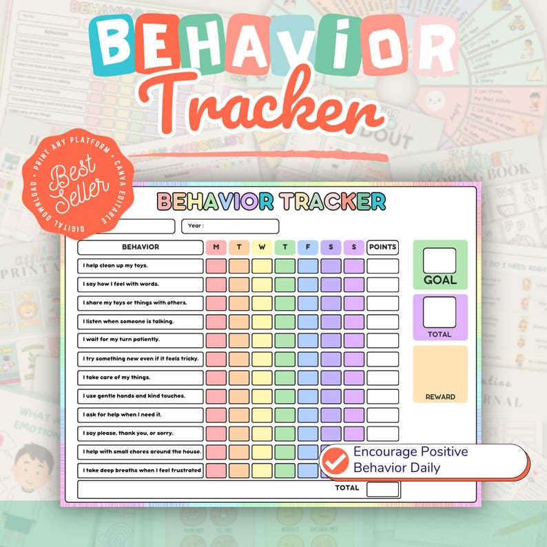 Kids Printable Bundle, Feelings Wheel, Behavior Chart, Coloring Book ...
