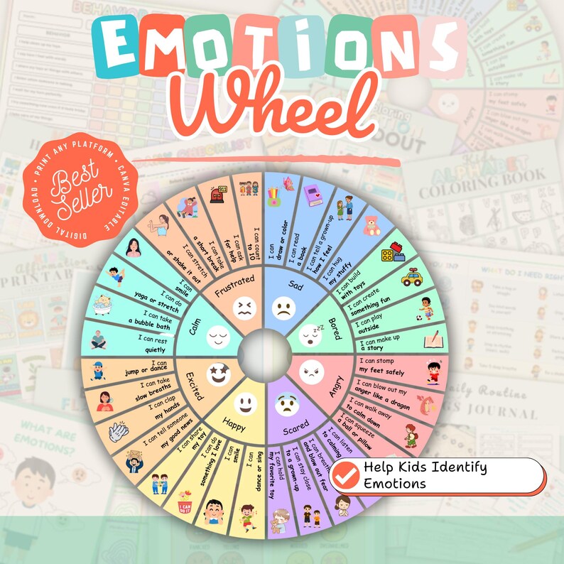 Kids Printable Bundle, Feelings Wheel, Behavior Chart, Coloring Book ...