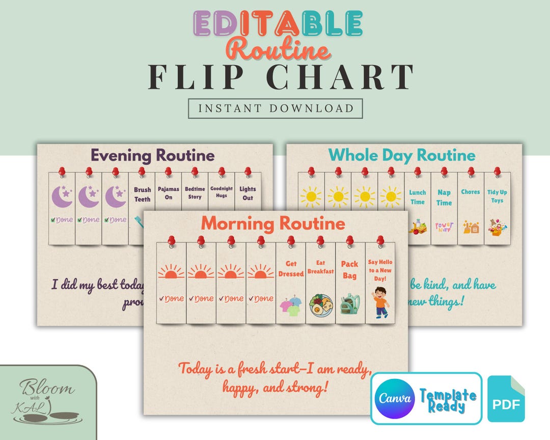 Editable Routine Flip Chart for Kids, Daily Chore Chart, Morning ...
