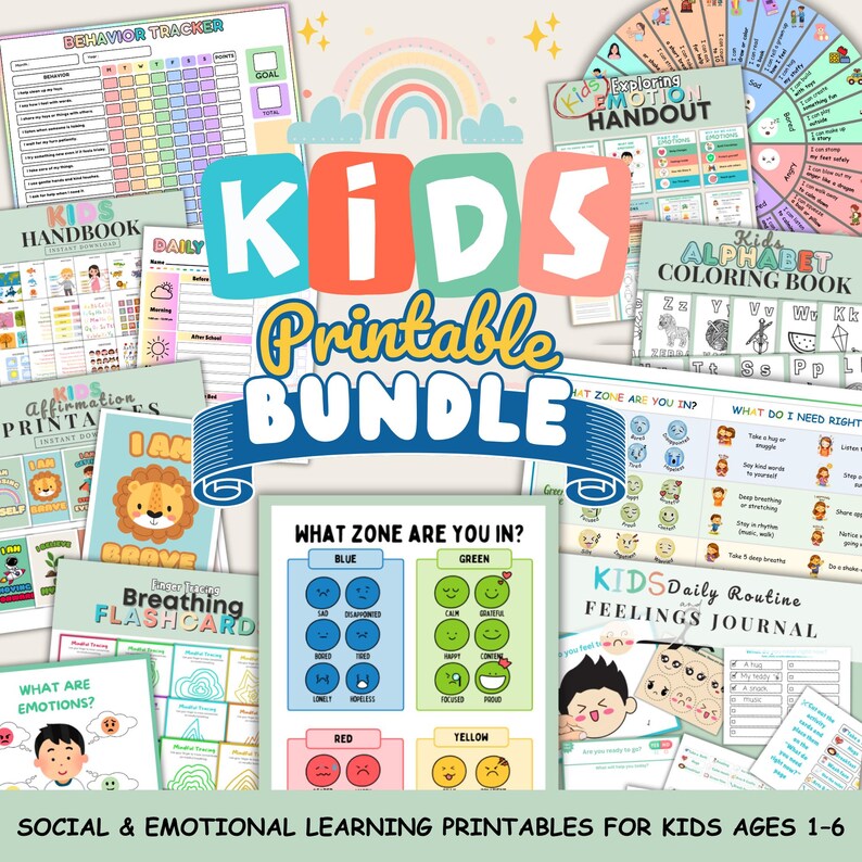 Kids Printable Bundle, Feelings Wheel, Behavior Chart, Coloring Book ...