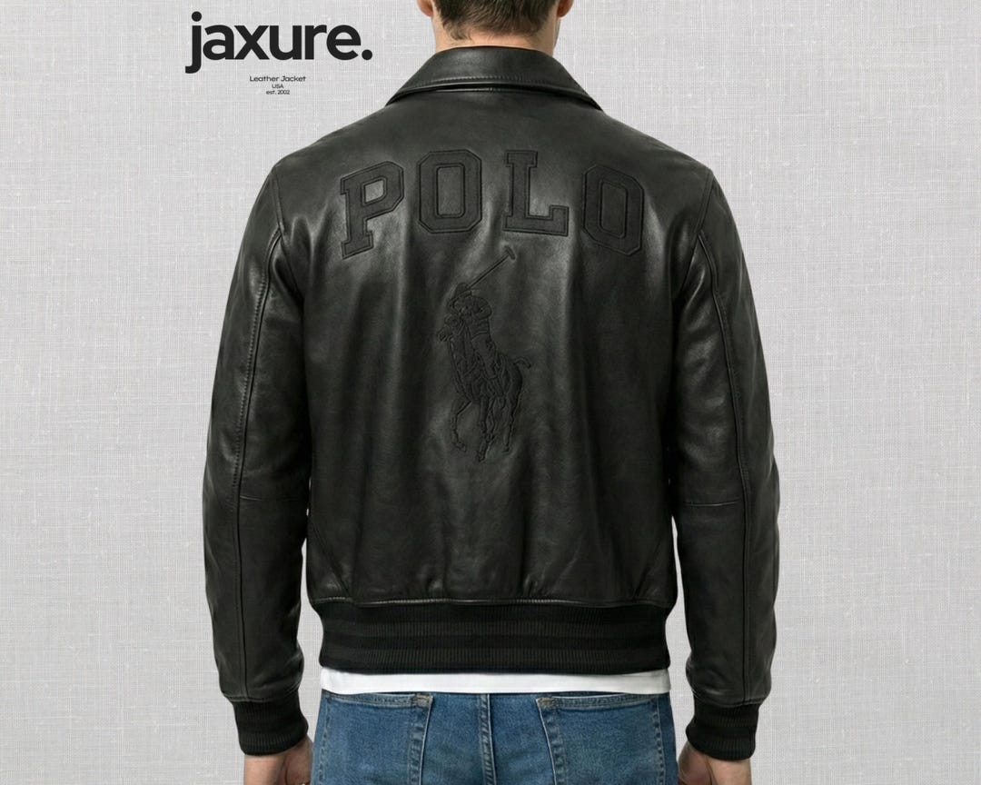 Mens Black Leather Bomber Jacket by Ralph Lauren Polo, Embroidered Big ...