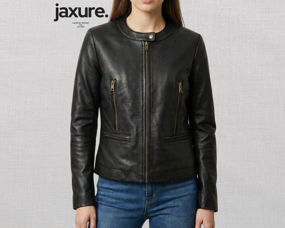 Women’s Black Real Leather Jacket, Slim Fit Moto Biker Style With ...