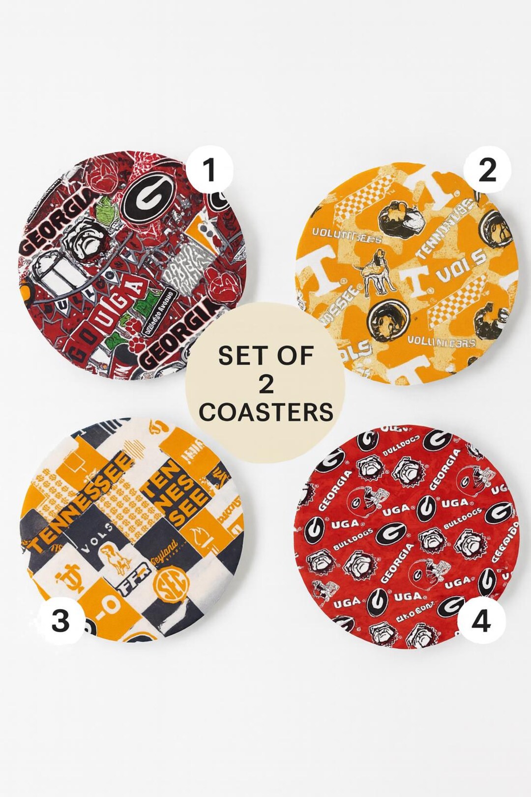Georgia Bulldogs & Tennessee Volunteers Coasters | Set of 2 | College ...