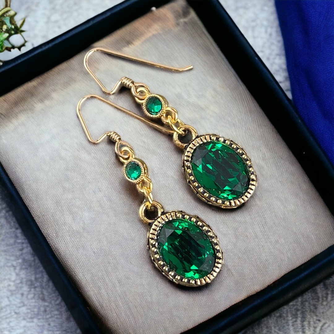 Emerald Green Dangle Earrings, Green Faceted Oval in Antiqued Gold ...