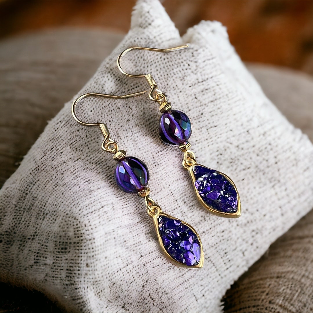 Purple and Gold Earrings ~ 22k Gold Plated Bezel With Crushed Purple ...