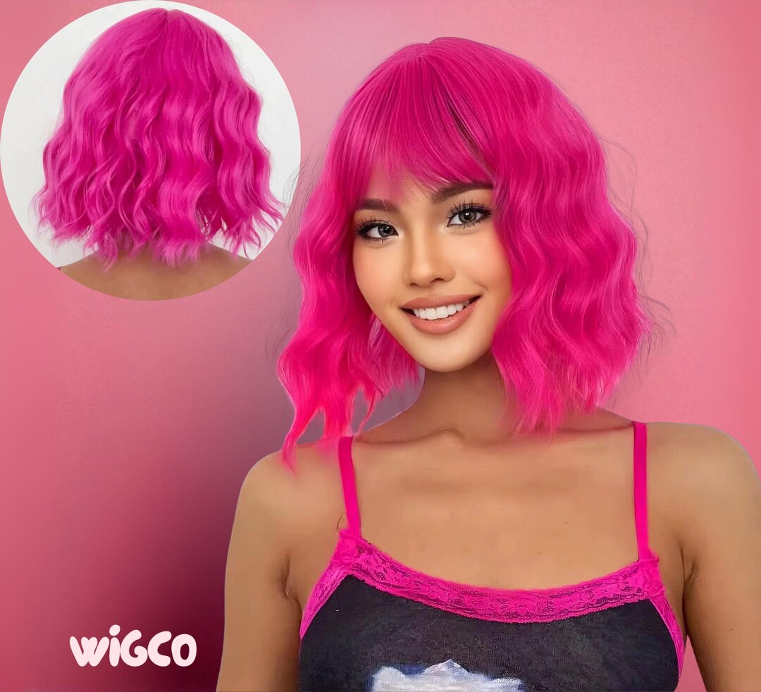 Neon Pink Wig With Bangs | Short 12 Inch Wavy Bob | Glueless, Pre ...
