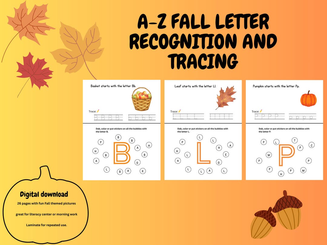 Fall Alphabet Worksheets | Letter Tracing, Find the Letter Activity ...