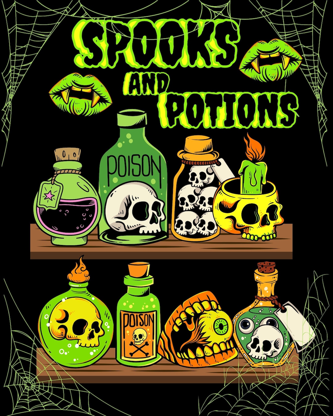 Creepy Halloween Print "spooks and Potions" With Skulls and Potions ...