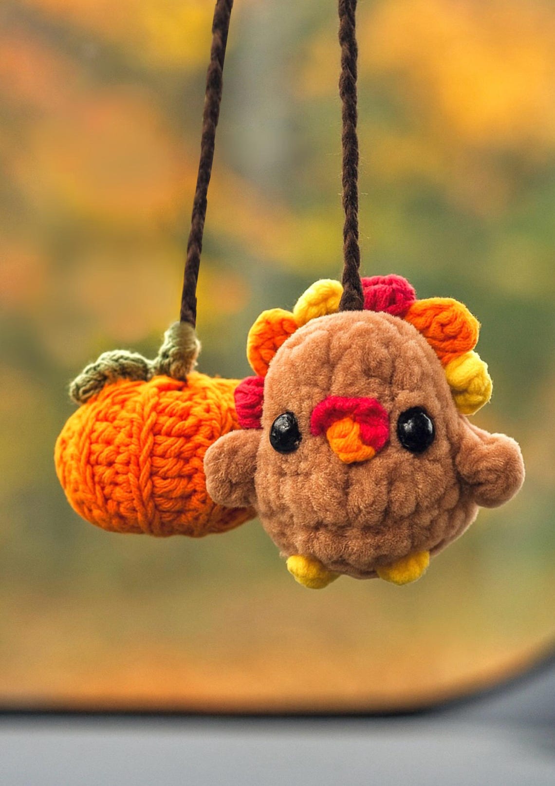 2 in 1 CROCHET PATTERN! Cute Chunky Turkey Pumpkin Mirror Car Charm ...