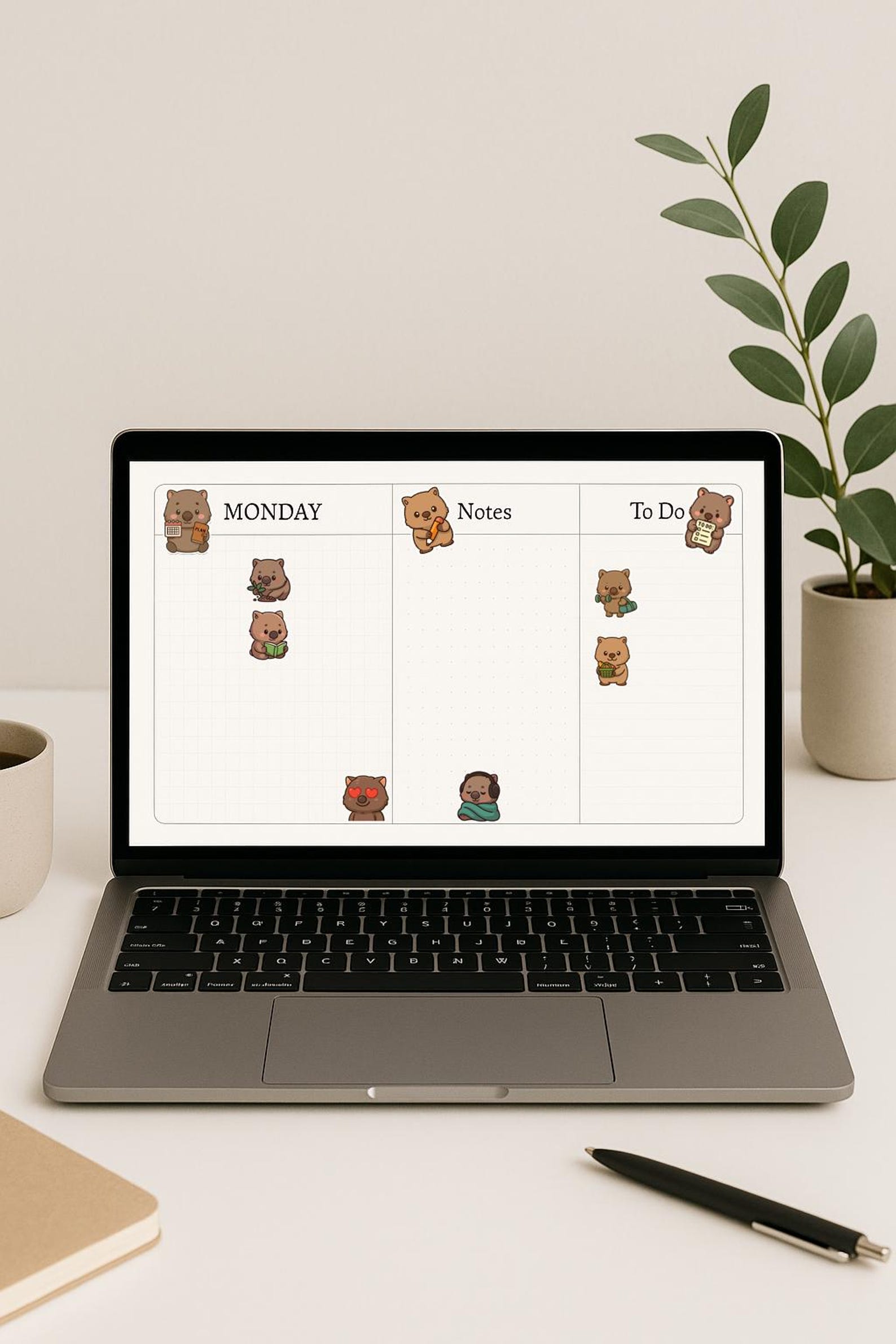 Wombat Chibi Digital Stickers | 45 Hand-drawn Cute Planner Stickers PNG ...
