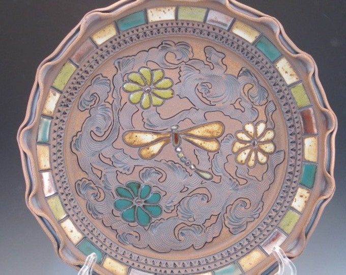 Large Platter With Dragonfly Flowers and Swirl Design - Etsy