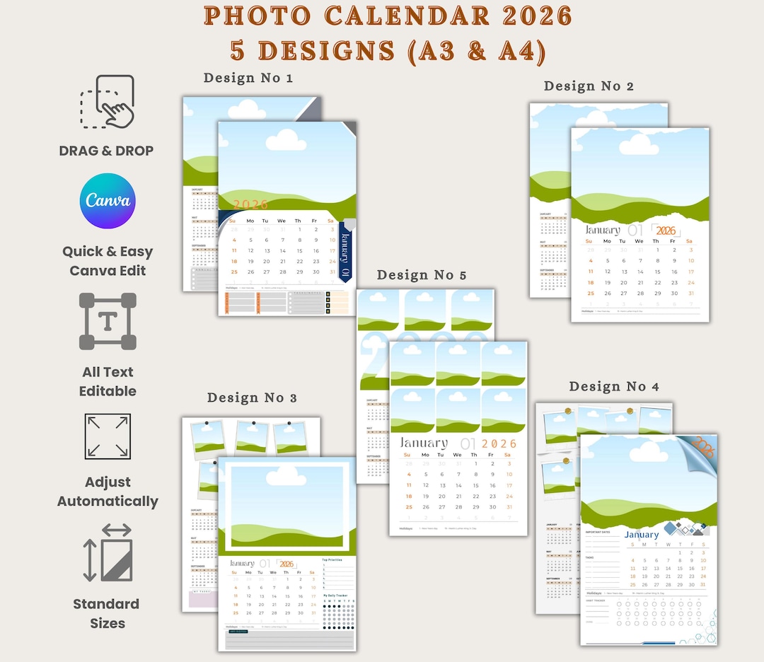 Custom Calendar 2026 Canva Editable Templates Bundle | Photo Wall Diy ...