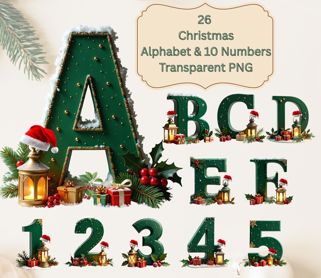 Christmas Alphabet Clipart PNG | 26 Letters & 10 Numbers | Festive ...