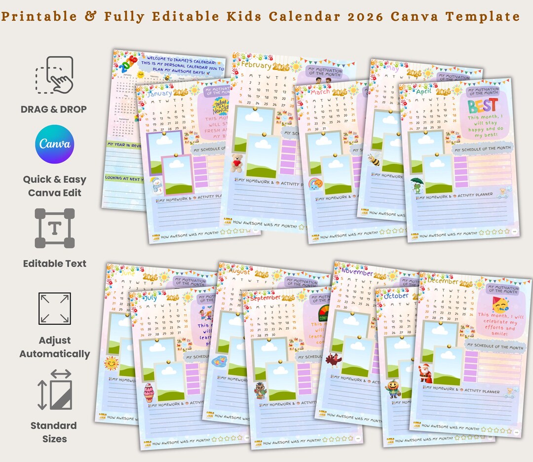 Editable Kids Wall Calendar 2026 Template | Printable Homeschool 12 ...