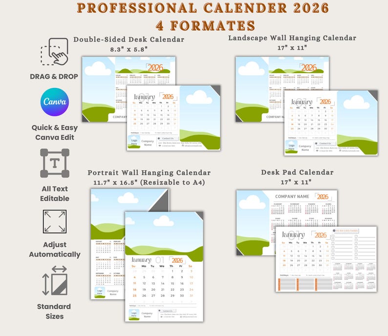 2026 Editable Photo Calendar Template Bundle | Full Year at a Glance ...