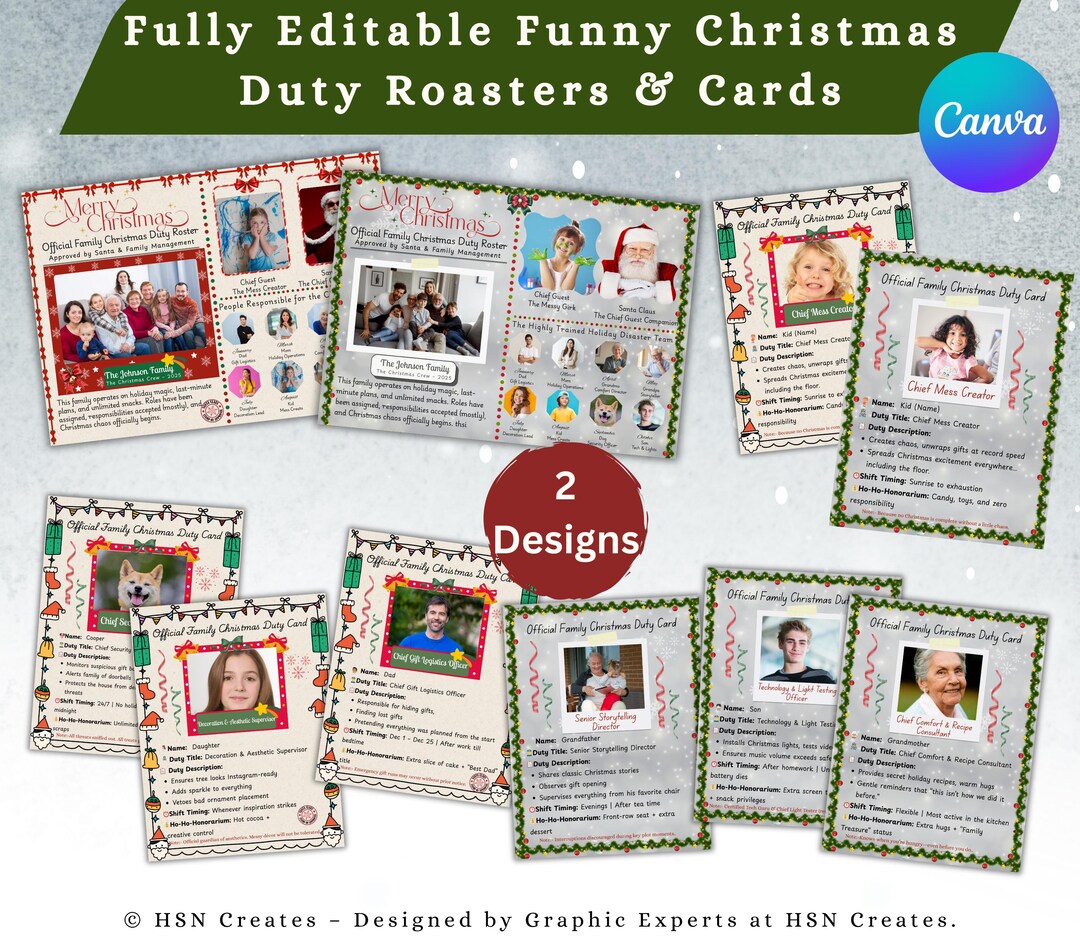 Funny Family Christmas Duty Roster & Cards Editable | Xmas Holiday Role ...