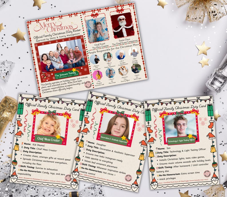 Funny Family Christmas Duty Roster & Cards Editable | Xmas Holiday Role ...